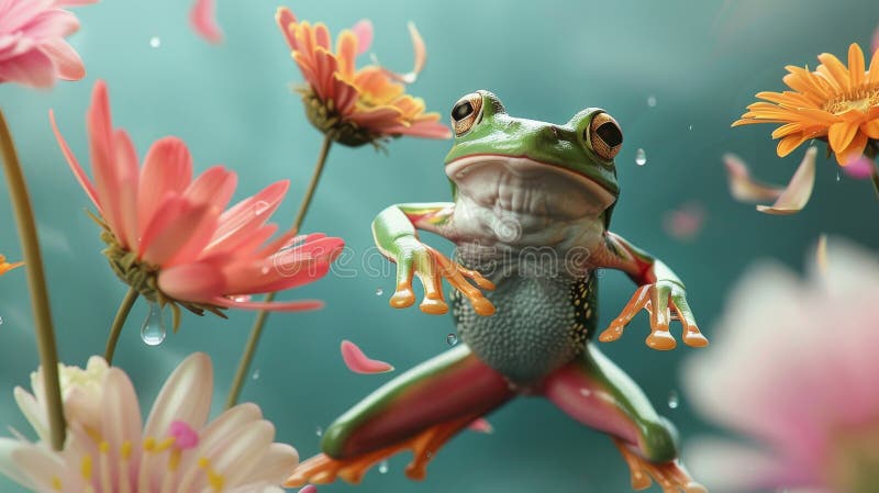 A Whimsical Frog in a Dance Pose with Pastel Flowers Creating a Playful ...