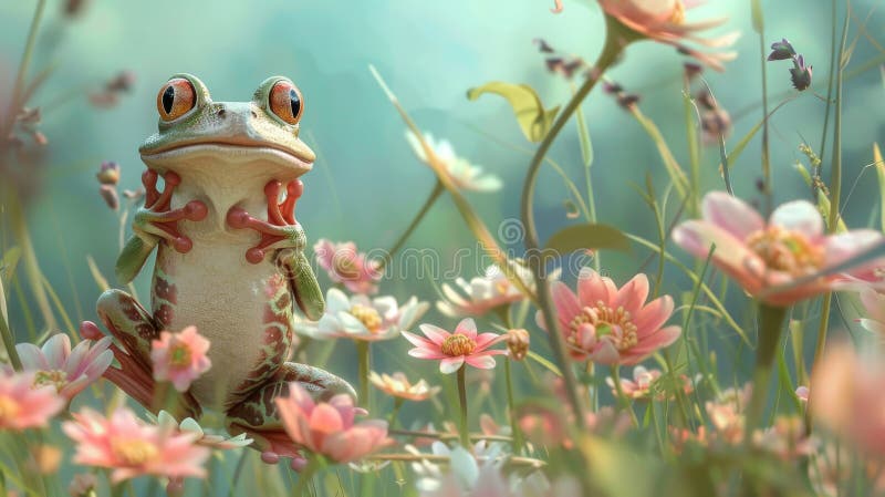 A Whimsical Frog in a Dance Pose with Pastel Flowers Creating a Playful ...