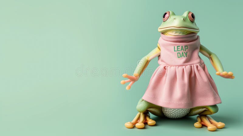 Whimsical Frog Dressed in Pink Celebrating Leap Day on Mint Background ...