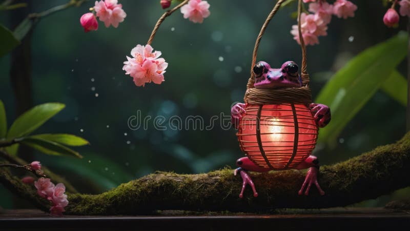 Charming Pink Frog Lantern with Cherry Blossoms Stock Illustration ...