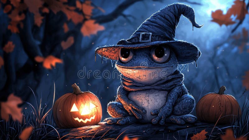 A Whimsical Frog in a Witch Hat Surrounded by Pumpkins on a Spooky ...