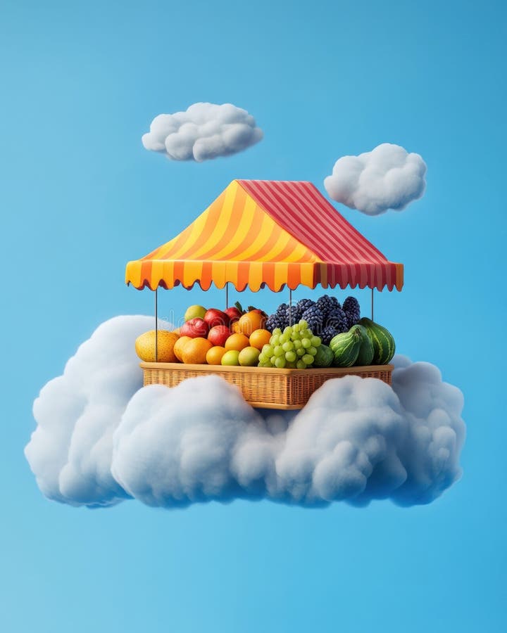 Whimsical Fruit Market Stall Floating on Fluffy Clouds Stock ...
