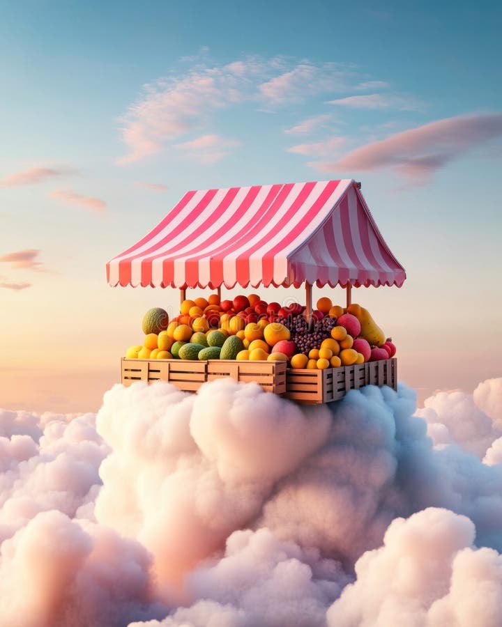 Whimsical Fruit Market Stall Floating on Fluffy Clouds Stock ...