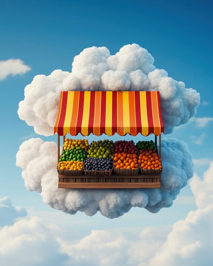 Whimsical Fruit Market Stall Floating on Fluffy Clouds Stock ...