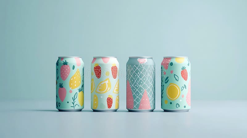 Whimsical Fruit-Themed Beverage Cans with Pastel Designs Stock ...