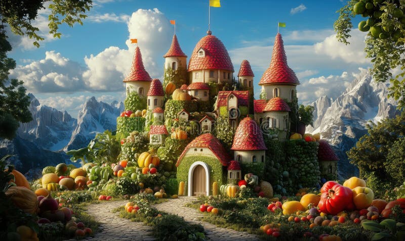 Whimsical Fruit and Vegetable Castle Surrounded by Mountains and Blue ...