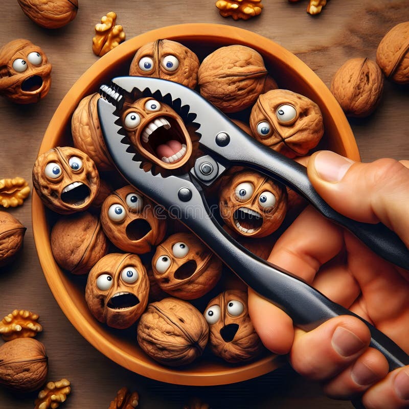Whimsical Funny Caricature of a Hand Nutcracking a Lively Cartoon Walnuts on the Table. Stock ...
