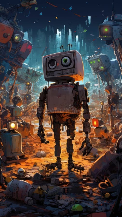 Whimsical Future Junkyard at Nighttime with Robots and Trash . Stock ...