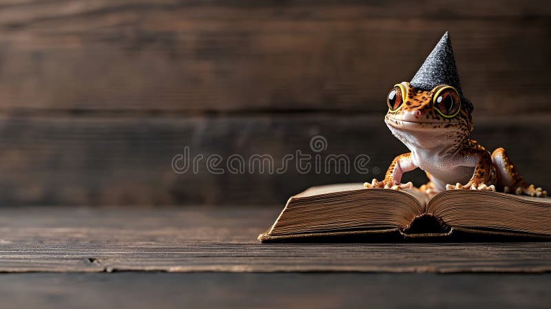 A Charming Gecko Wizard with a Tiny Hat and a Mystical Book Awaiting ...