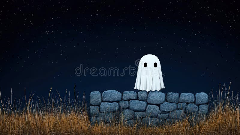 A Whimsical Ghost Figure Appears Atop a Stone Wall Under a Starry Night ...