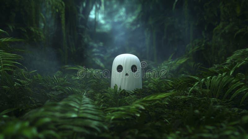 A Whimsical Ghost Figure Peeks Out from a Dense, Mysterious Jungle ...