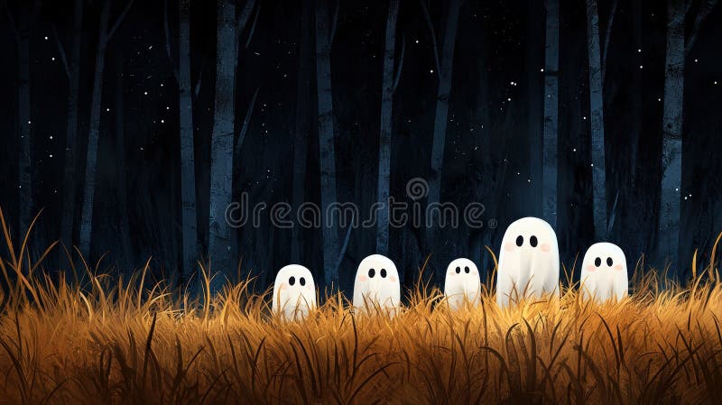 Whimsical Ghost Figures in a Dark Forest with Glowing Grass and Starry ...