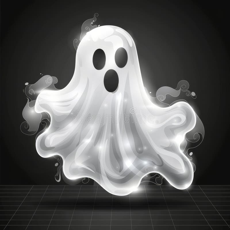 A Whimsical Ghost Floating in a Dark Background with Swirling Mist ...