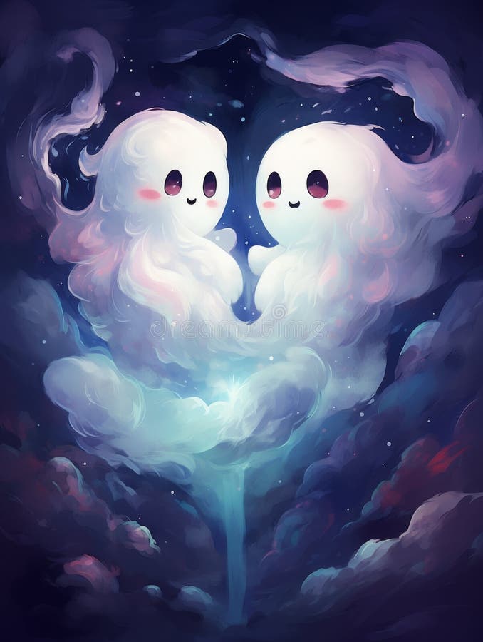 Whimsical Ghosts Floating in a Starry Night Sky Stock Illustration ...