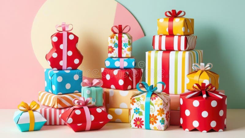 Whimsical Gift Display with Uniquely Shaped Packages Wrapped in Bright ...