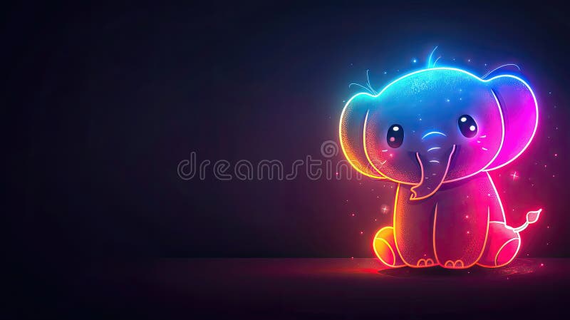 A Whimsical, Glowing Neon Elephant Calf with a Starry Effect on a Dark ...