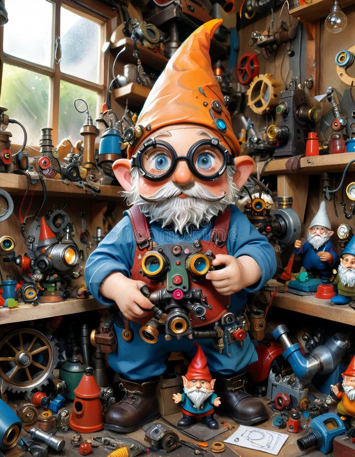 Whimsical Gnome Inventor in Workshop Surrounded by Steampunk Gadgets ...