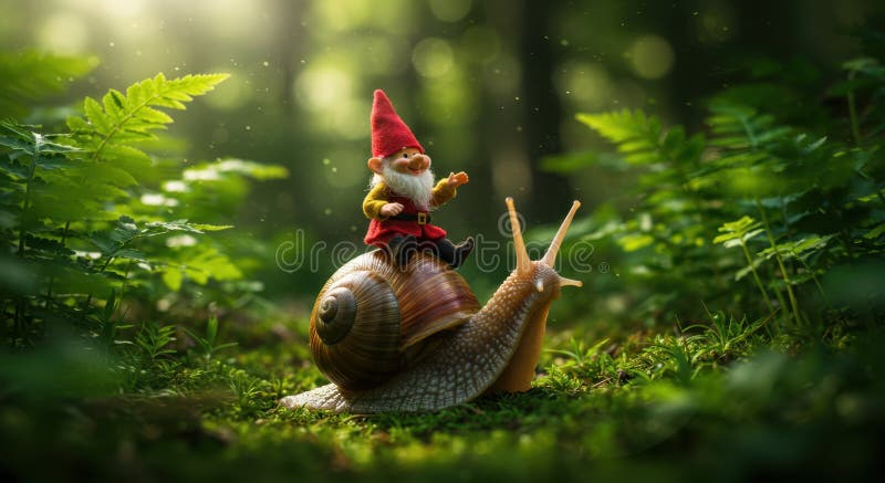 Whimsical Gnome Riding a Snail through Enchanting Forest Setting Stock ...