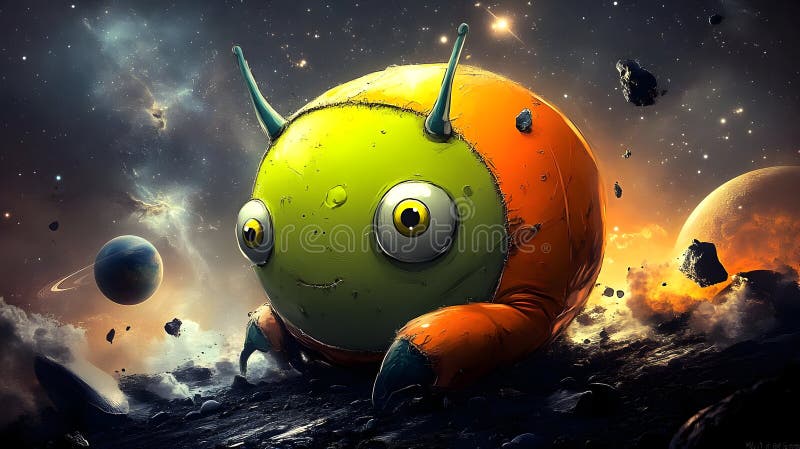 A Whimsical Green and Orange Alien Creature in a Cosmic Setting ...