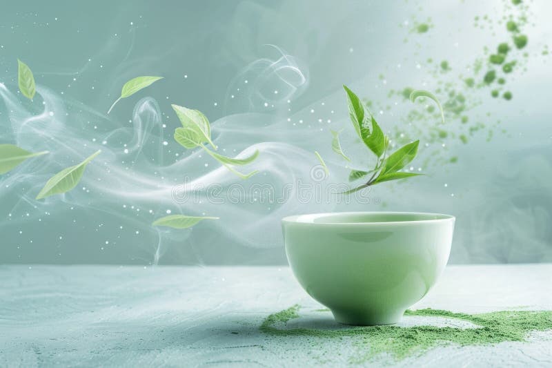 Whimsical Green Tea Leaves Soaring Above a Ceramic Cup - Concept of ...