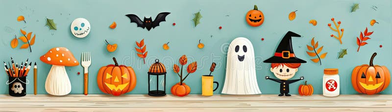 Whimsical Halloween Display Featuring Pumpkins, Ghosts, and Kids in ...