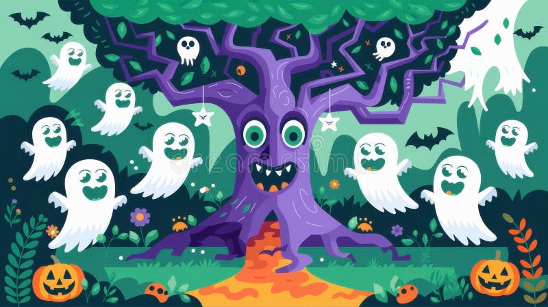 Playful Halloween Ghosts Purple Tree Illustration Kids - Whimsical ...