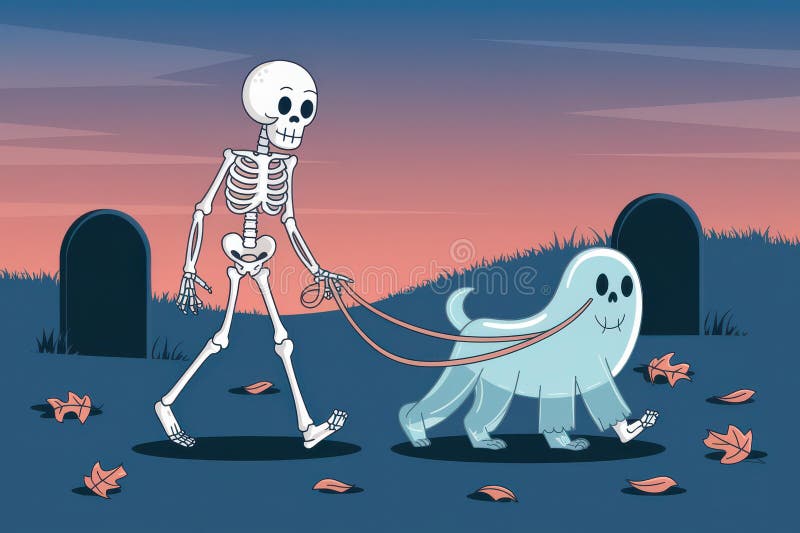 Playful Skeleton Walking Ghost Dog Halloween Graveyard - Whimsical ...