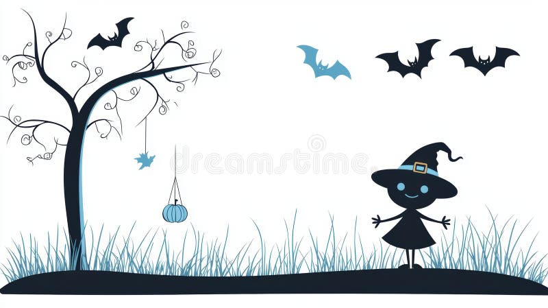A Whimsical Halloween Scene Featuring a Cute Witch Standing in a Grassy ...