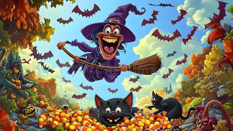 A Whimsical Halloween Scene Featuring a Flying Witch, Bats, and Playful ...