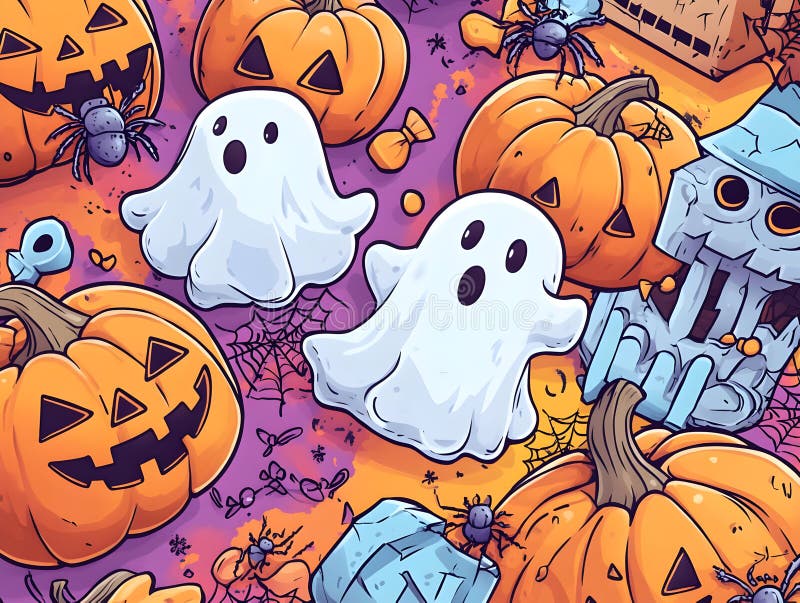 A Whimsical Halloween Scene Featuring Ghosts, Pumpkins, and Spooky ...
