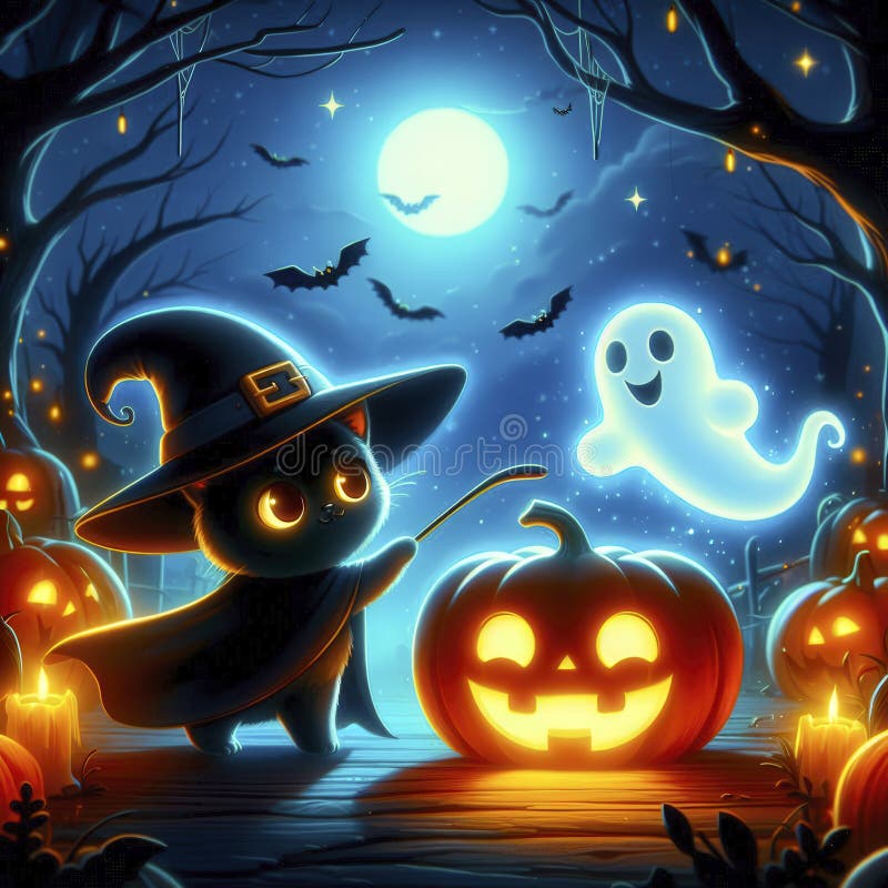 Adorable Witch Kitten in a Glowing Halloween Scene Chasing a Cute ...