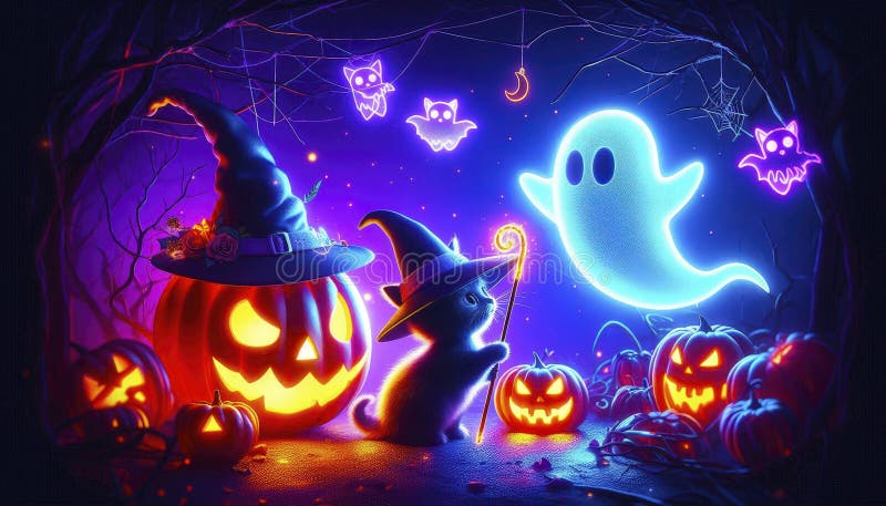 Adorable Witch Kitten in a Glowing Halloween Scene Chasing a Cute ...