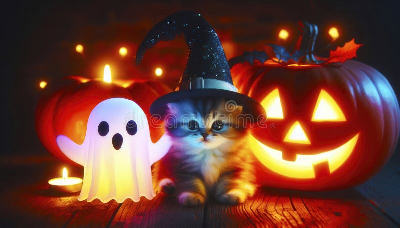Adorable Witch Kitten in a Glowing Halloween Scene Chasing a Cute ...