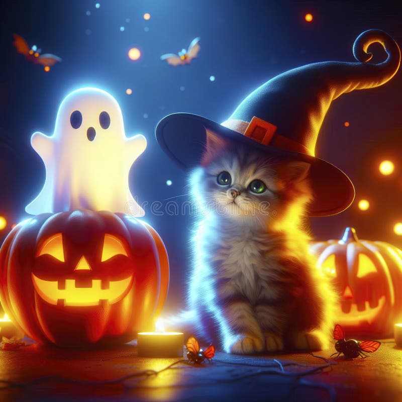 Adorable Witch Kitten in a Glowing Halloween Scene Chasing a Cute ...