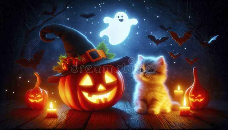 Adorable Witch Kitten in a Glowing Halloween Scene Chasing a Cute ...