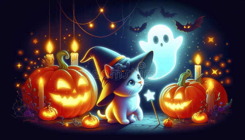 Adorable Witch Kitten in a Glowing Halloween Scene Chasing a Cute ...