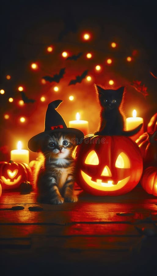 Adorable Witch Kitten in a Glowing Halloween Scene Chasing a Cute ...