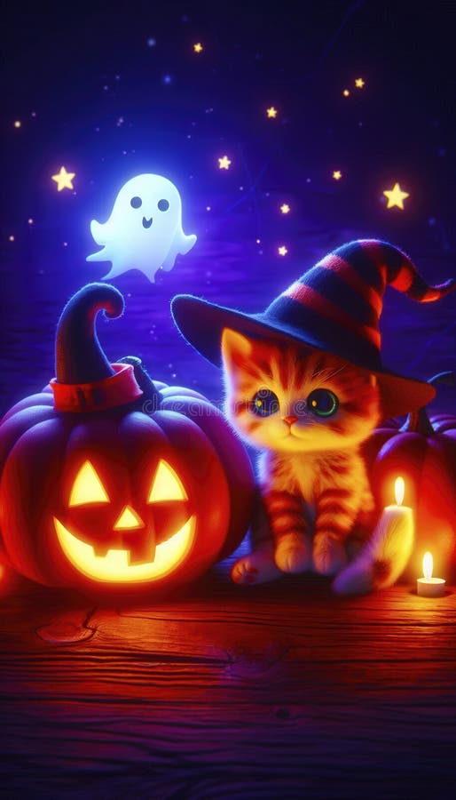 Adorable Witch Kitten in a Glowing Halloween Scene Chasing a Cute ...