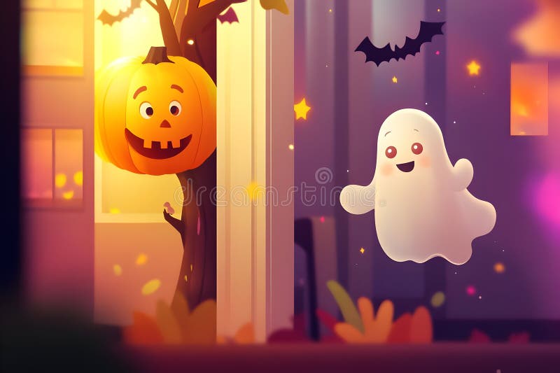A Whimsical Halloween Scene Featuring a Smiling Ghost and a Jack-o ...