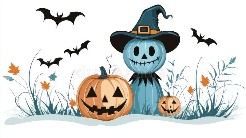 A Whimsical Halloween Scene Featuring a Smiling Scarecrow in a Witch ...