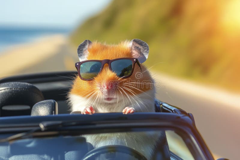 Whimsical Hamster Driving Tiny Convertible in Sunglasses on a Sunny ...