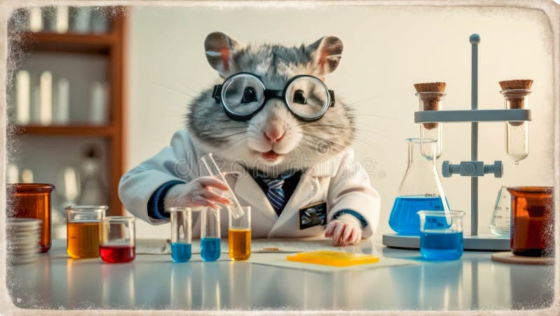 A Whimsical Hamster in a Lab Coat, Conducting Experiments with Beakers ...