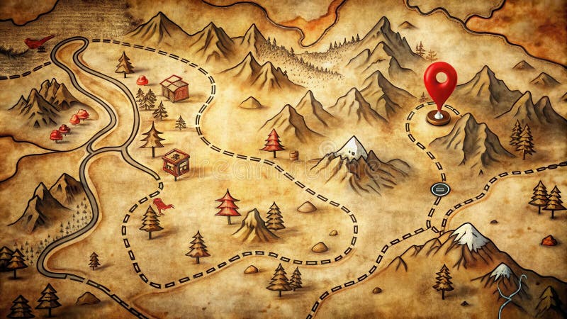 A Whimsical Hand-drawn Adventure Map Featuring a Marked Destination ...