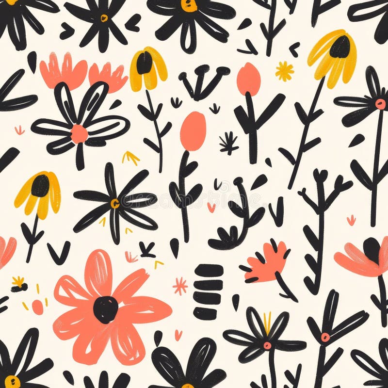 Whimsical Hand-Drawn Floral Pattern with Doodles and Nature Elements ...
