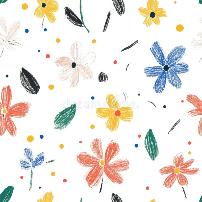 Whimsical Hand-Drawn Flowers and Dots Pattern in Bright Colors Stock ...