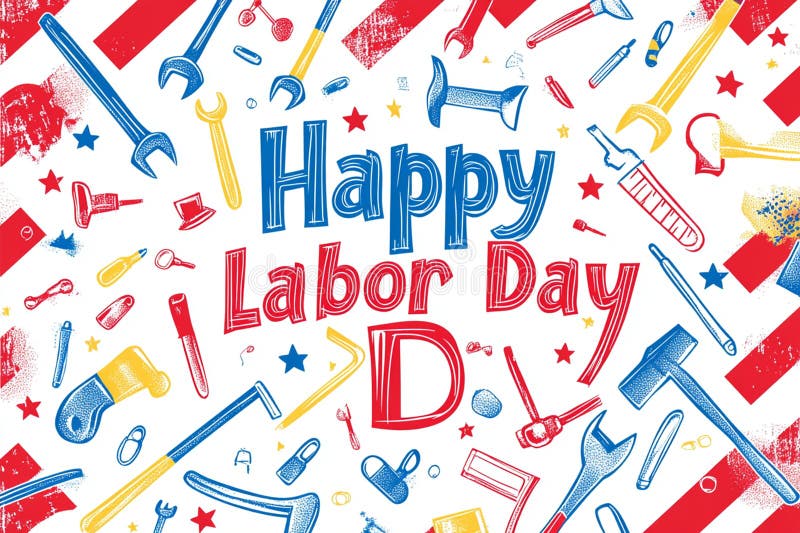 Hand Tools Pattern with Happy Labor Day Typography, Red, White, and ...