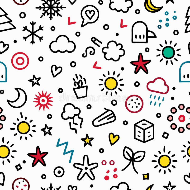Whimsical, Hand-drawn Pattern with Simple Shapes and Icons Stock ...