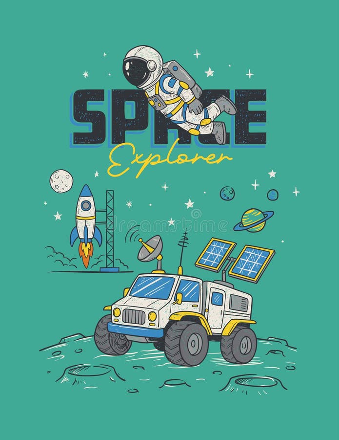 Whimsical Hand Drawn Space Explorer with Astronaut and Vehicle ...