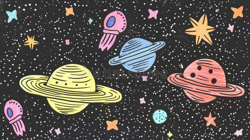 Whimsical Hand-drawn Space Illustration with Planets and Stars Stock ...