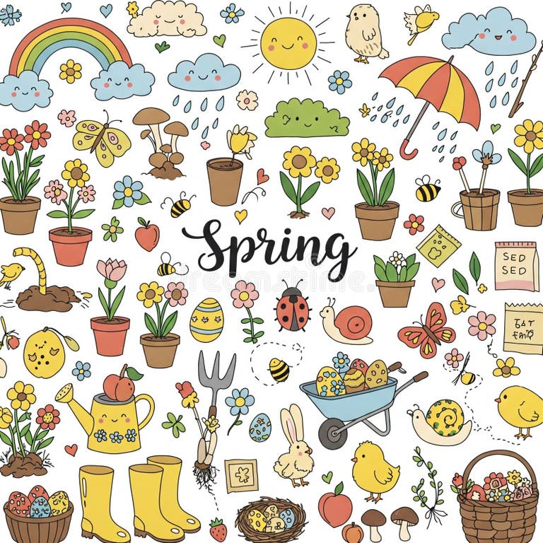 Whimsical Hand-Drawn Spring Elements on White Background Stock Illustration - Illustration of ...